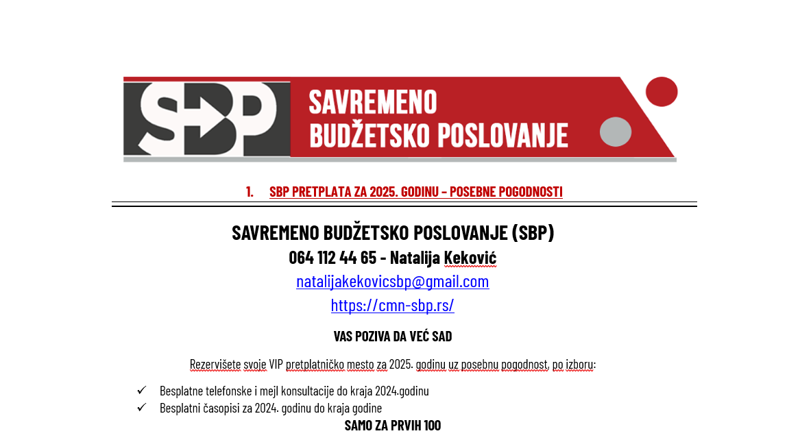 SBP PRETPLATA/25 Tabela - SBP | Savremeno budžetsko poslovanje